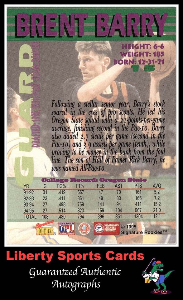 1995-96 Rookies Brent Barry #15 Authentic Autographed Card Oregon State ...