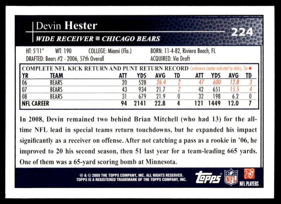 2009 Topps 224 Devin Hester Chicago Bears Football Card | eBay