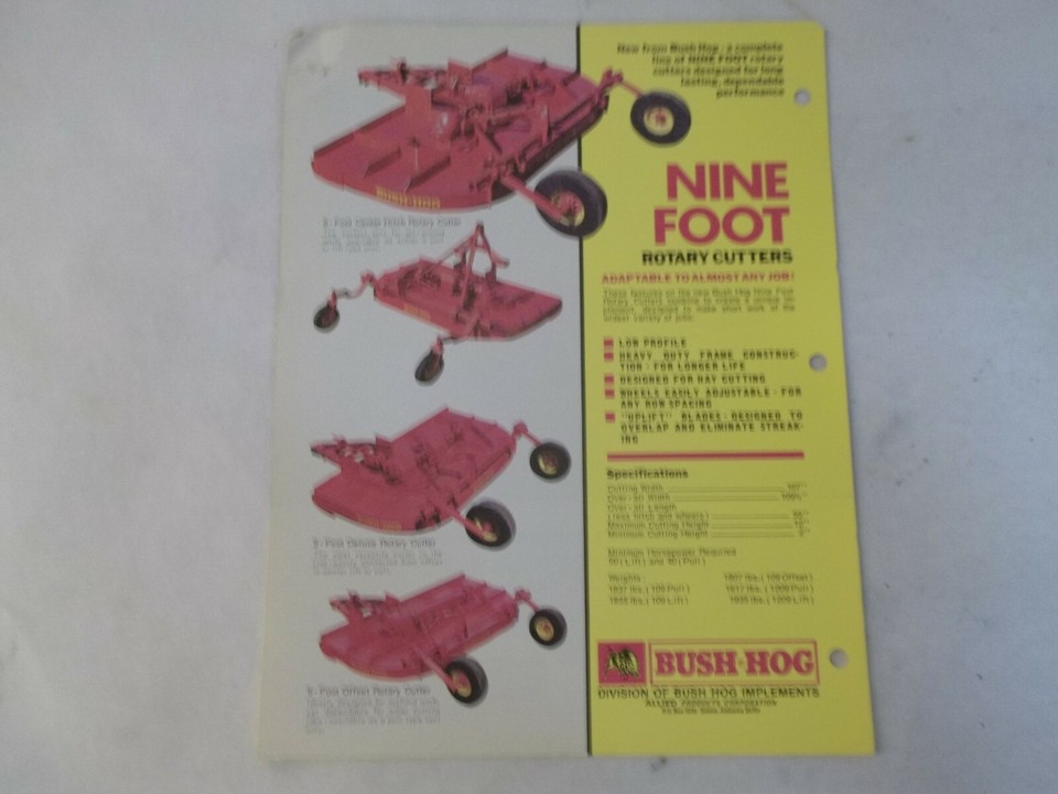 Bush Hog Models 109 109-O 1209 Rotary Cutters Brochure | eBay