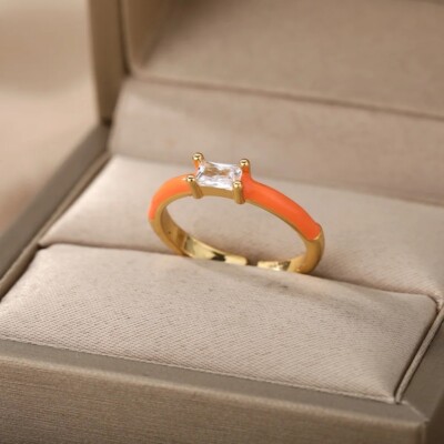 ZARD Orange Enamel Ring with Cubic Zirconia Accent Stackable | eBay