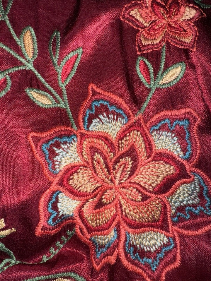 NEW Johnny Was L Deep Red Long Kimono Silky Duster Embroidered Wrap ...