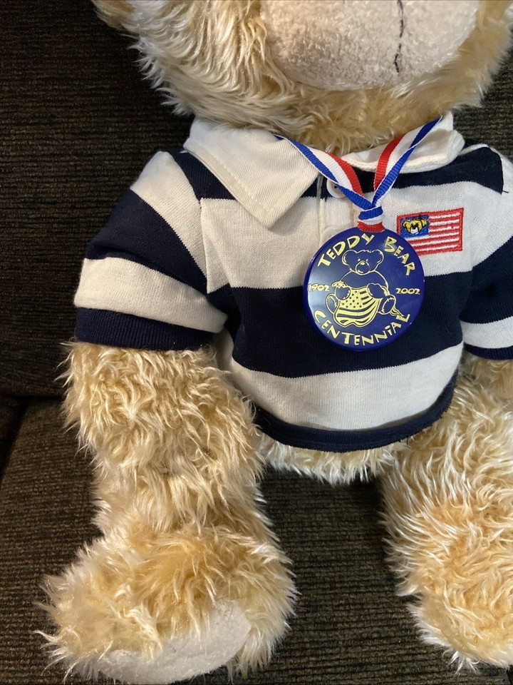Build A Bear Cream Colored Bear With Blue And White Shirt and ...