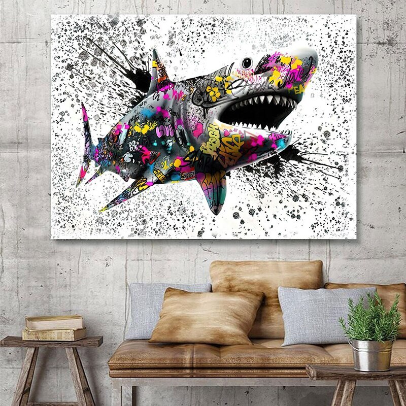 Shark Graffiti Canvas Wall Art Canvas Painting Poster Print Modern Pop ...