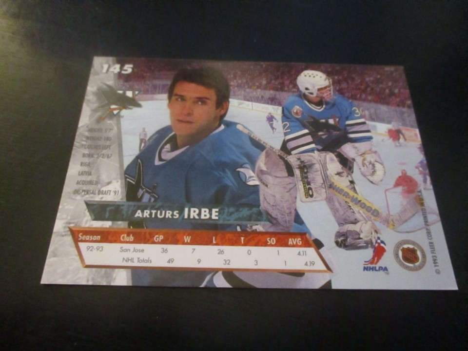 arturs irbe (san jose sharks - goalie) 1993/94 fleer ultra card #145 ...