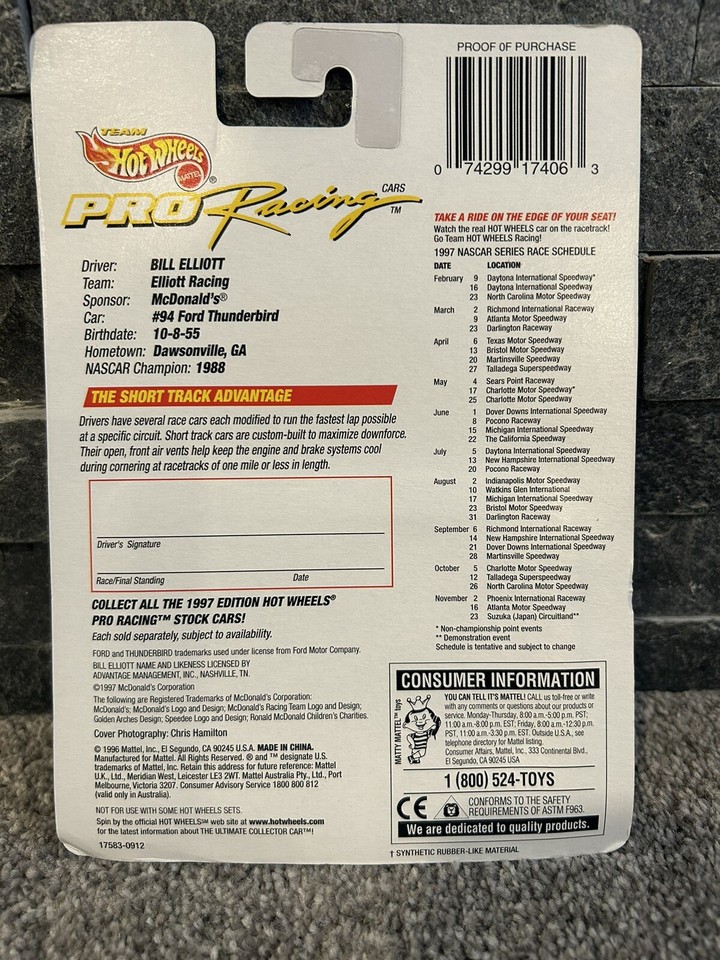 Hot Wheels Pro Racing Stock Car Short Track 1st Edition Bill Elliott ...