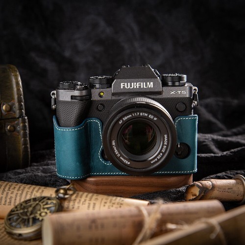 BLUE Genuine real Leather Half Camera Case bag cover for FUJIFILM X-T5 ...