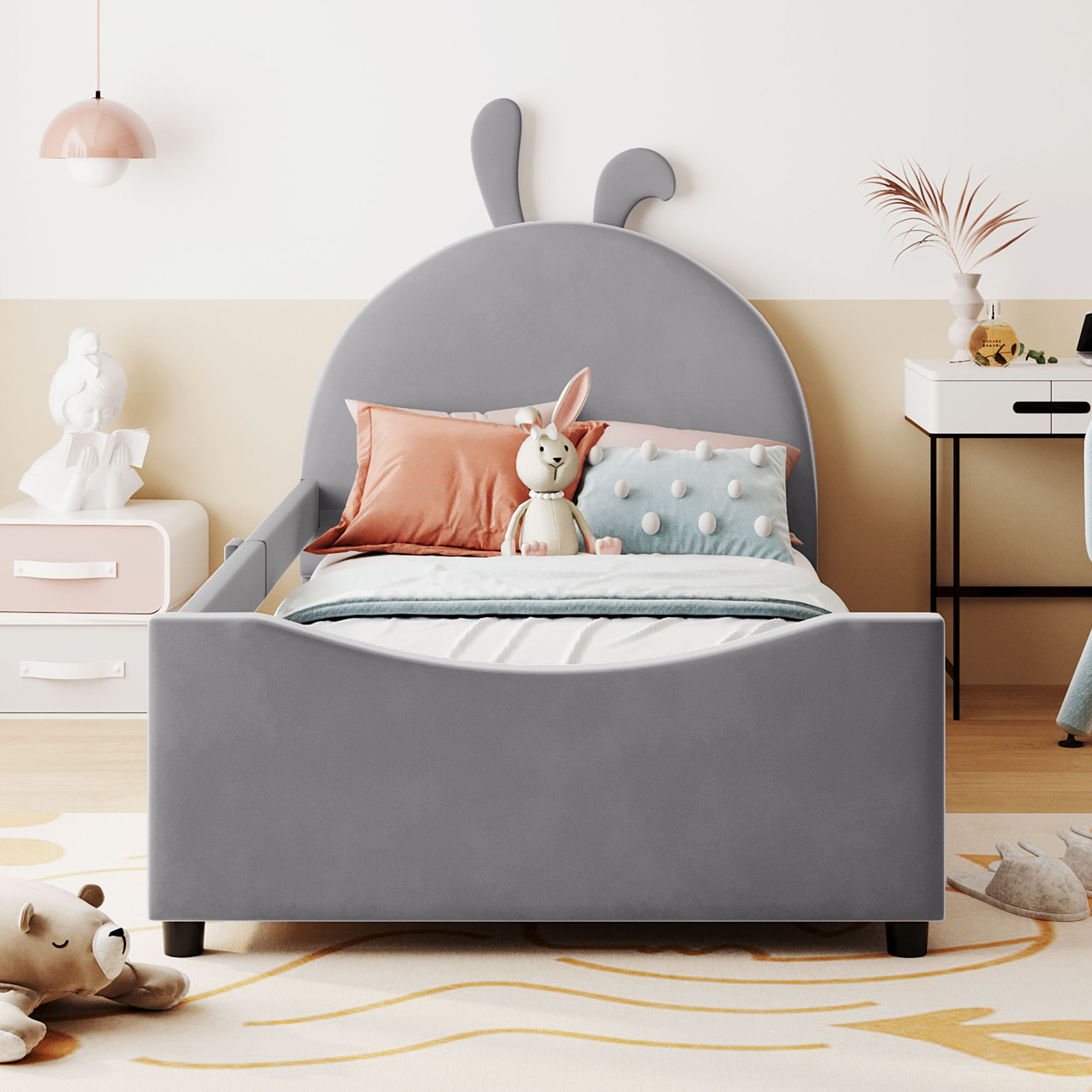 Twin Size Upholstered Daybed with Rabbit Ear Shaped Headboard, Gray ...