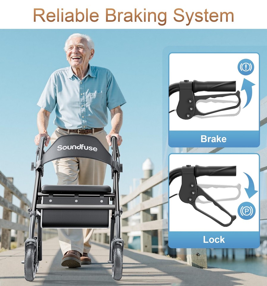 Soundfuse Rollator Walker for Seniors, Foldable, Lightweight w/Seat, 8 ...