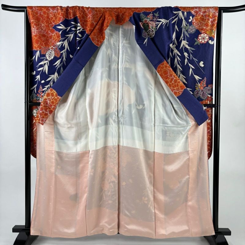 Japanese Furisode Silk Kimono M 161cm Navy blue Grass and flowers Cloud ...