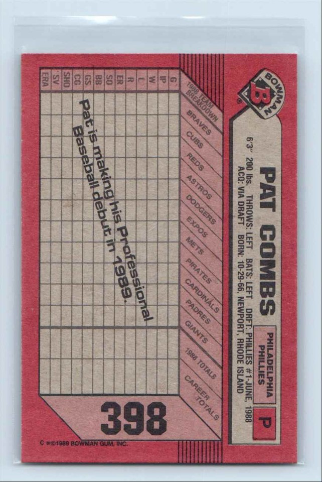 1989 Bowman Pat Combs Rookie Philadelphia Phillies #398 | eBay