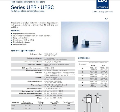 1x UPSC-5M-D-C7 5M 0.5% 1/5W 5ppm/℃ High Precision Metal Film Resistors ...