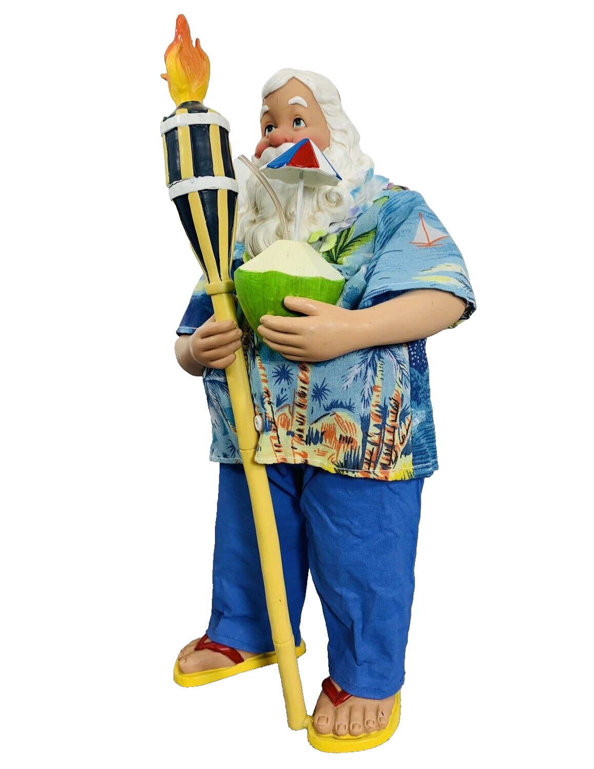 Hawaiian Shirt Santa Figurine Lei Tiki Torch Tropical Drink Fabric ...