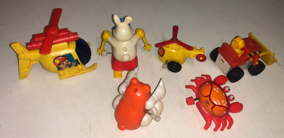 (6) Vintage Wind Up Toy Walkers Lot TOMY Skiing Rabbit Helicopter Flip ...