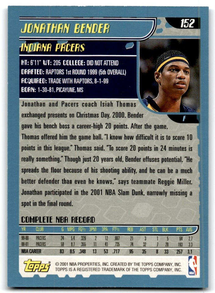 2001-02 Topps Jonathan Bender Basketball Cards #152 | eBay