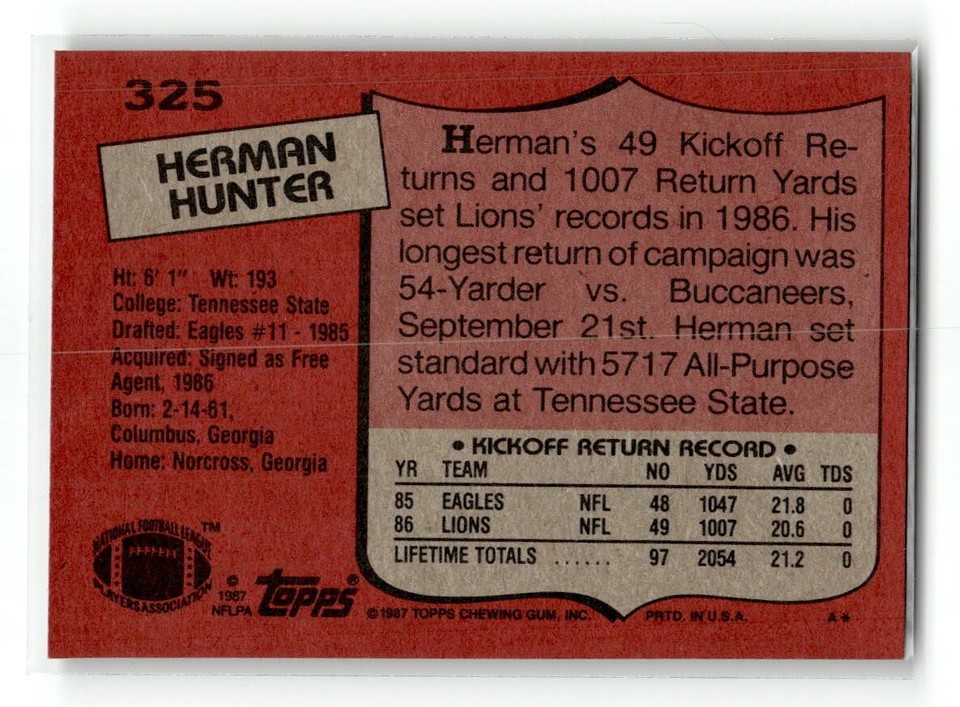 1987 Topps Football #325 Herman Hunter Detroit Lions Running Back | eBay