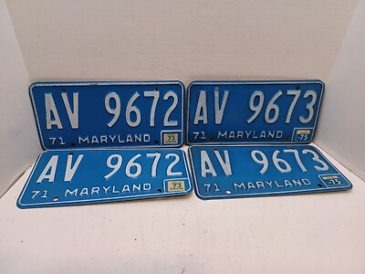 1971 Vintage Matched 2 Pair Maryland License Plates AV9672/AV9673 ...