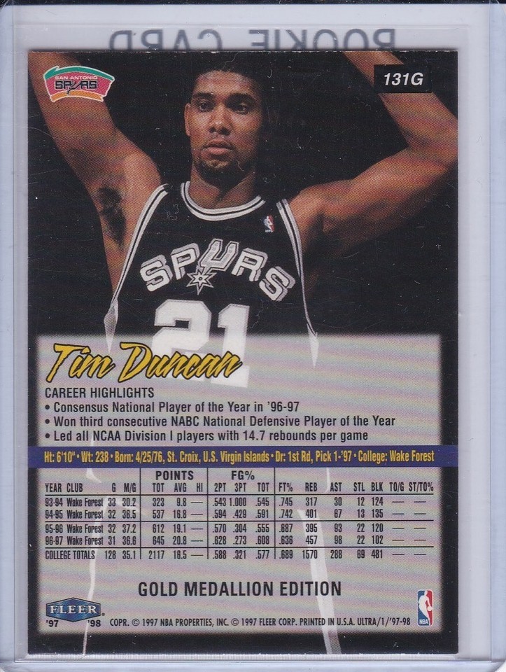 TIM DUNCAN ROOKIE CARD Spurs 1997 FLEER ULTRA $$ GOLD MEDALLION EDITION ...