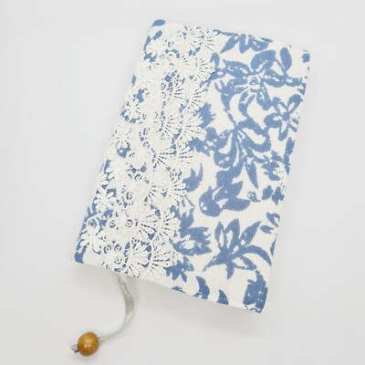 Fabric book cover blue white with white lace for pocketbook / novel A5 ...