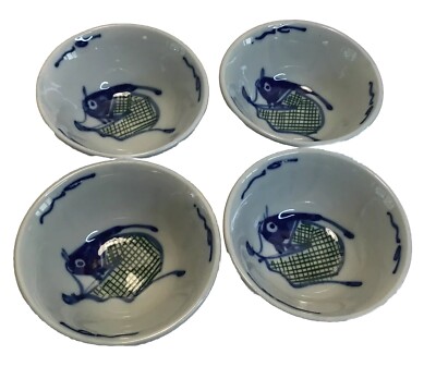 Fish/Rice Bowls Japan 4 Ct Blue And White Hand Painted Vintage 4 ...