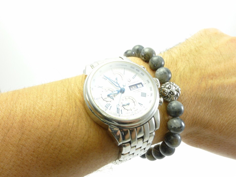 Lion Head Bracelet Stretch Beaded Larvikite Labradorite Stainless Steel ...