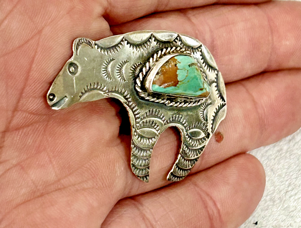 VINTAGE HAND STAMPED STERLING SILVER AND TURQUOISE BEAR PENDANT ALBERT ...