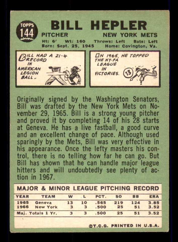 1967 Topps Baseball #144 Bill Hepler VG *e2 | eBay