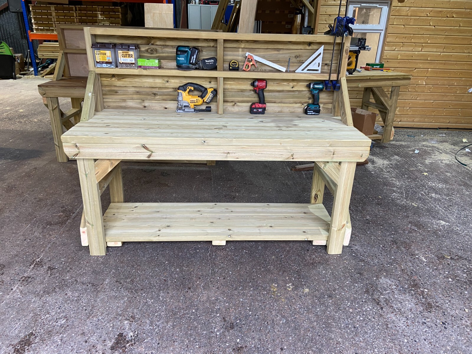 Indoor / Outdoor Wooden Workbench. Heavy duty Work Table With Backboard ...