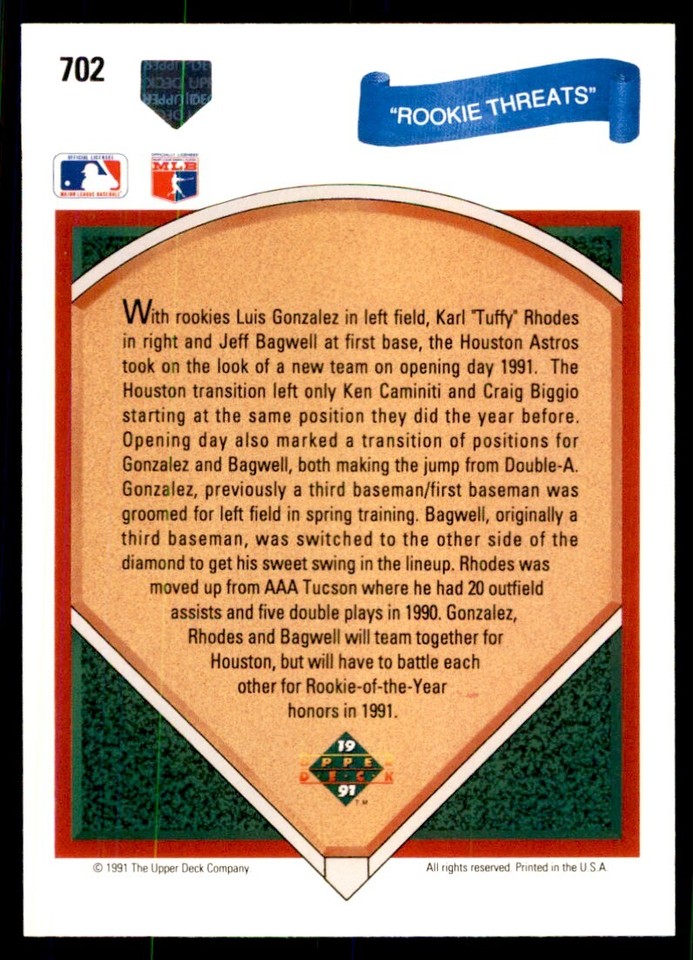 1991 Upper Deck Jeff Bagwell/Luis Gonzalez/Karl Rhodes Baseball Cards ...