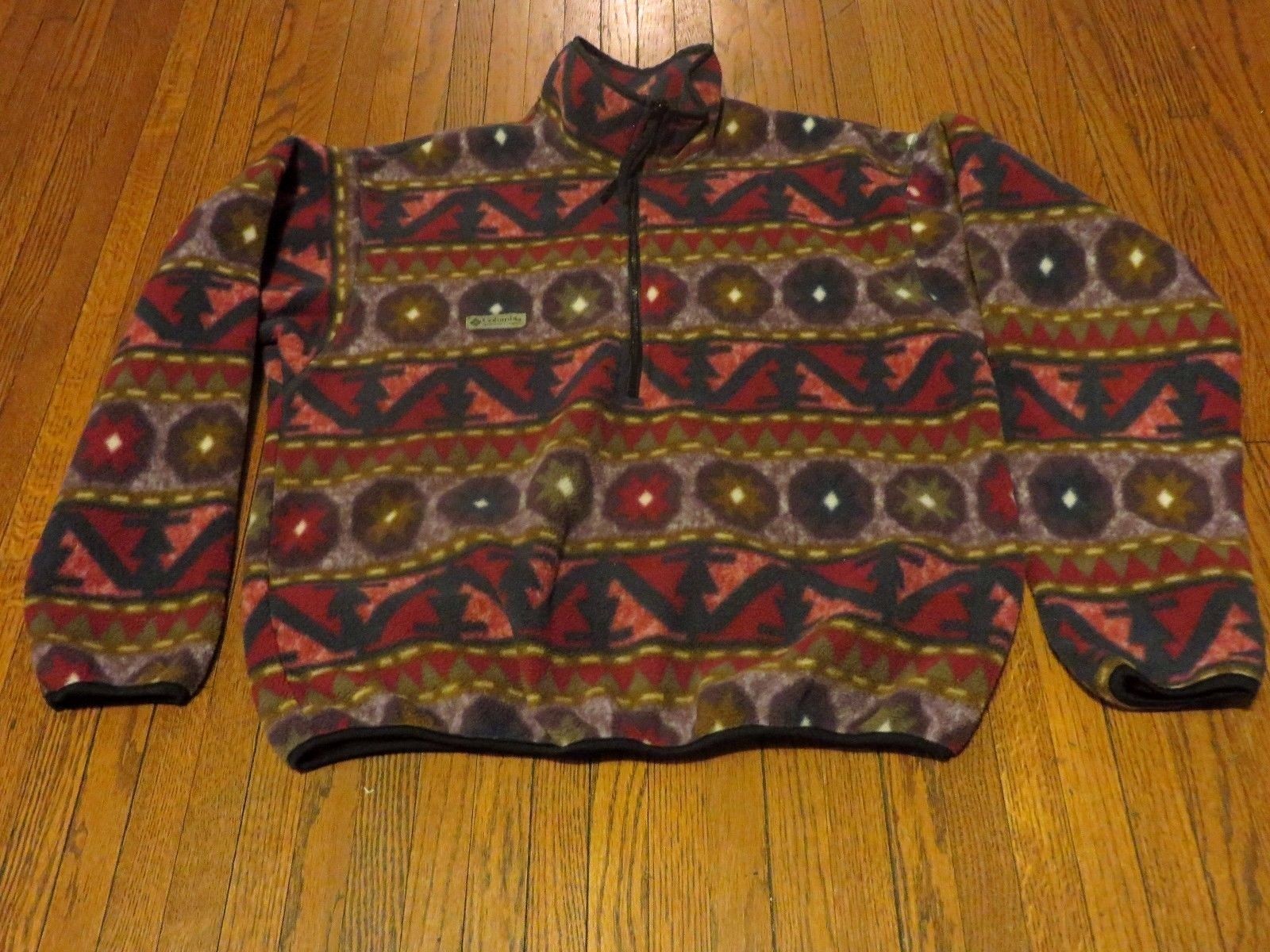 Men's VTG 90s Columbia Red Brown Black Green Tan Aztec Pullover Fleece ...