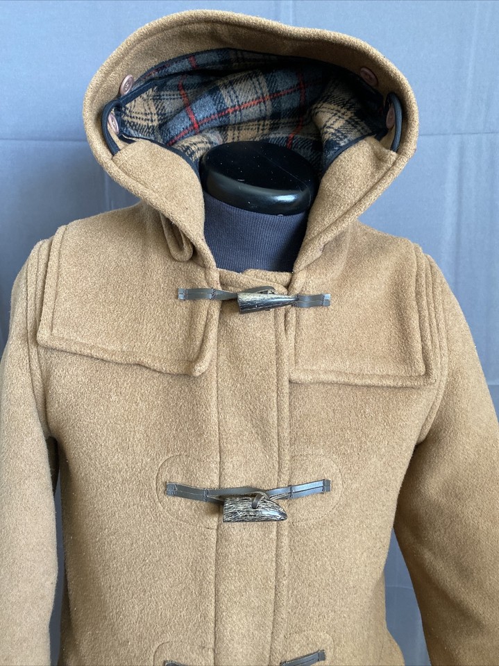 John Partridge Wool Hooded Toggle Coat Tan Taupe Plaid Lining Warm ...