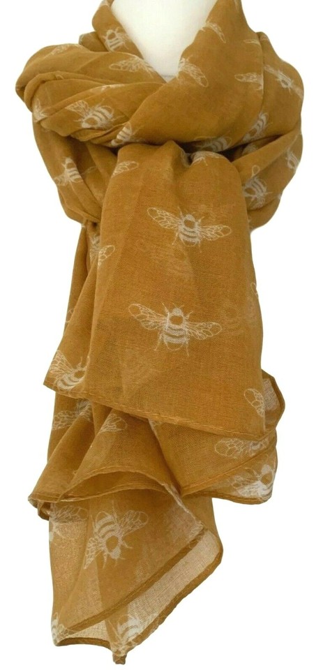 Bee Scarf Mustard Yellow Ladies White Bumble Bees Print Wrap ...