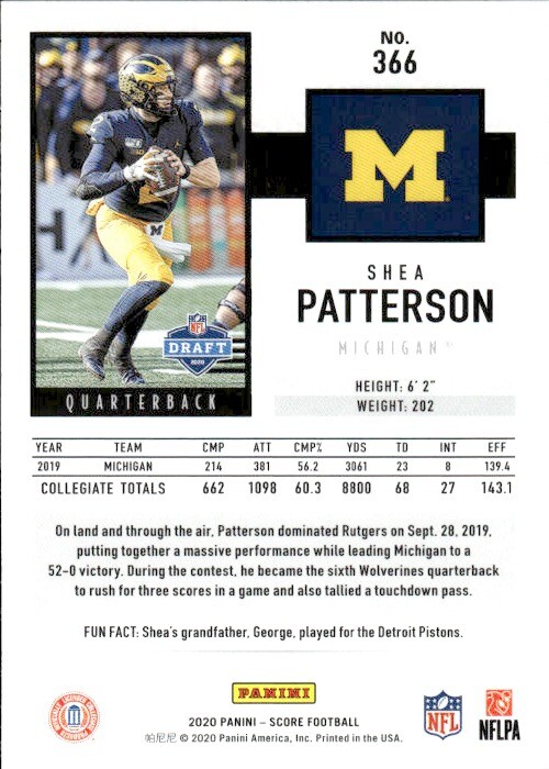 Shea Patterson 2020 Score RC Rookie #366 Michigan Wolverines | eBay