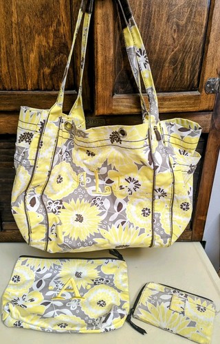 Thirty One Large Yellow Floral Canvas Tote Bag Embroidered Matching ...