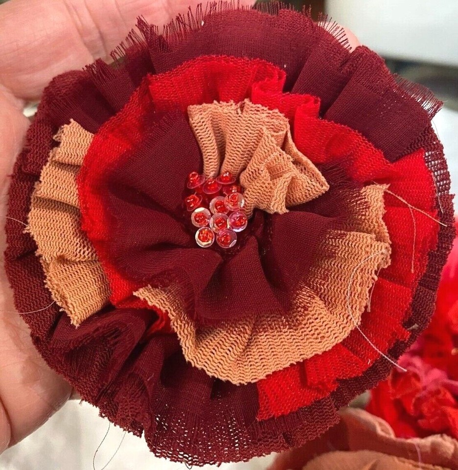 vintage applique boho flower layered netting beads hand sewn 3.5 ...