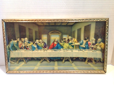 Vintage MCM 3D Jesus Christ The Last Supper Metal Frame Glass Wall Art ...