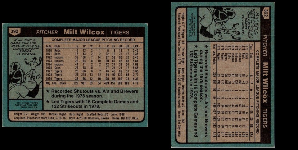 1980 Milt Wilcox (2) Card Lot - DON’T MISS OUT – NEXT TIME IT’S GONE ...