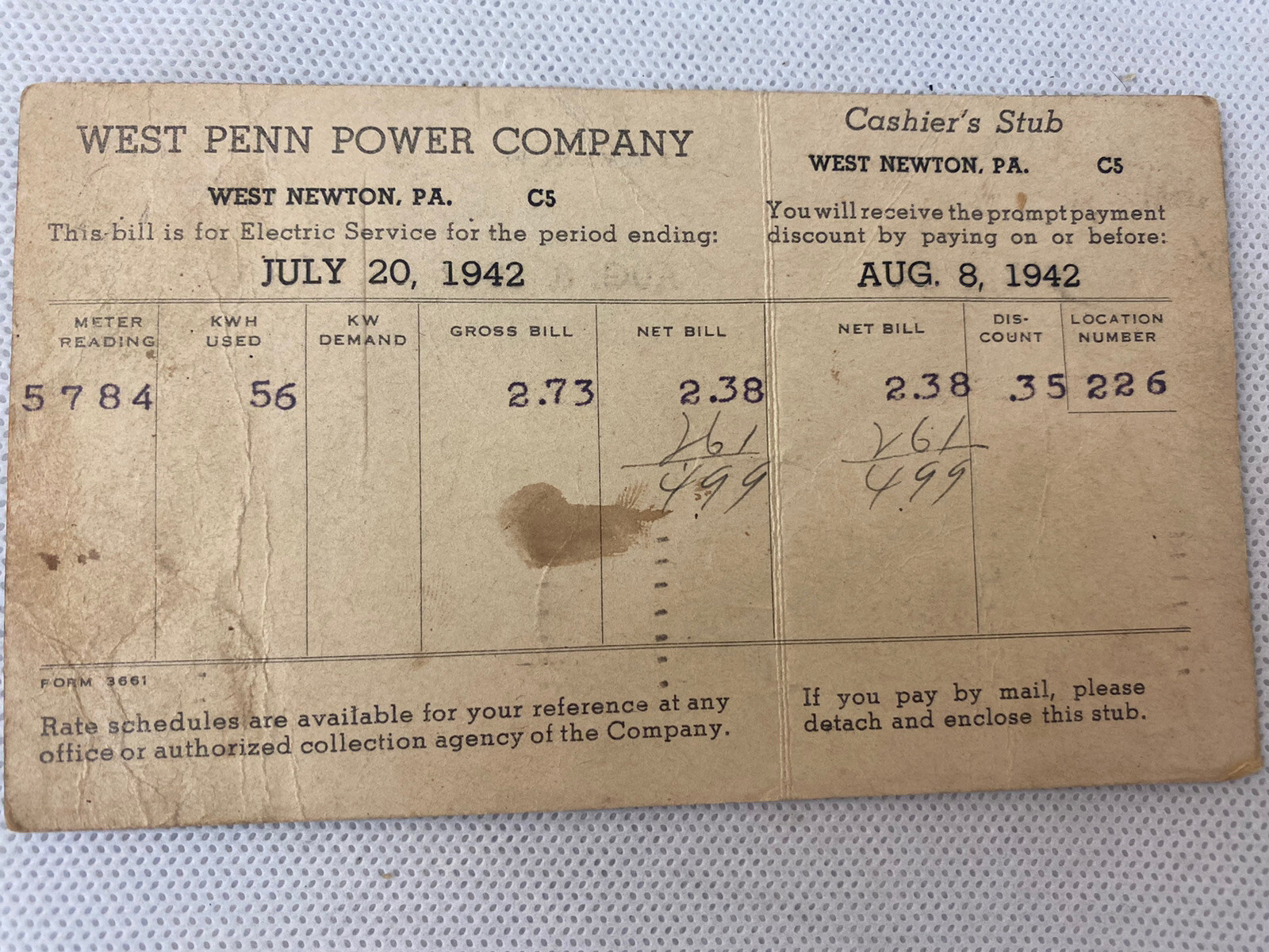 West Penn Power Bill Postcard 1942 Hutton Boston Connellsville PA P6D ...