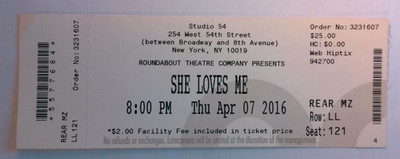 SHE LOVES ME 2016 Broadway Revival Ticket Stub - Laura Benanti, Zachary ...