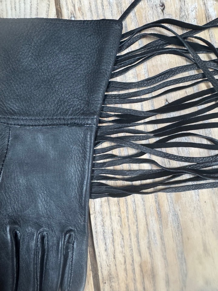 Stunning GEIER GLOVE CO. Black Leather Gauntlet Western Fringed GLOVES ...