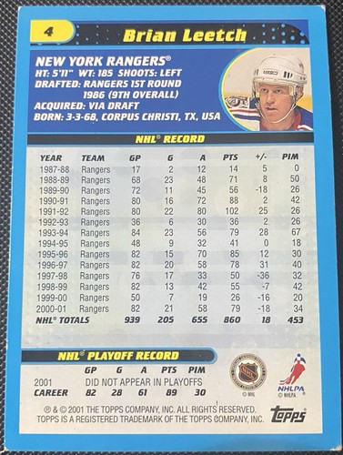 2001-02 Topps #4 Brian Leetch Base - NY Rangers - NHL Sports Card | eBay