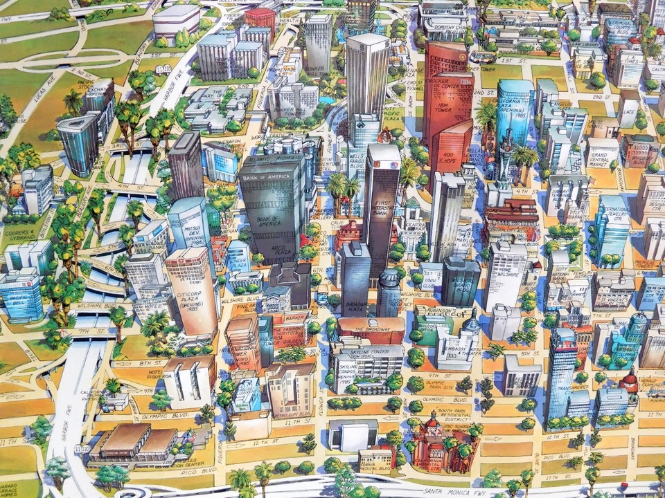 VTG 1984 Cartoon Map of DOWNTOWN LOS ANGELES LARGE Amazing LAMINATED ...