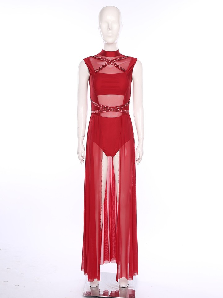 Women Lyric Dance Dress Outfit Solid Color Shiny Backless Turtleneck ...