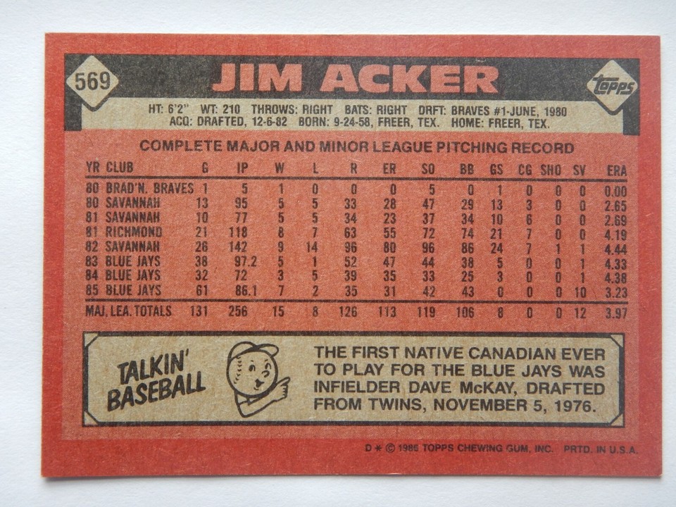 Jim Acker #569 Topps 1986 Baseball Card (Toronto Blue Jays) VG | eBay