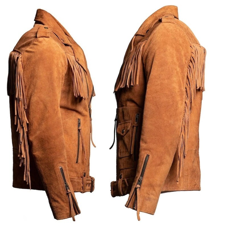Men Brown Suede Motorcycle Biker Jacket Fringe Soft Suede Cowboy Style ...