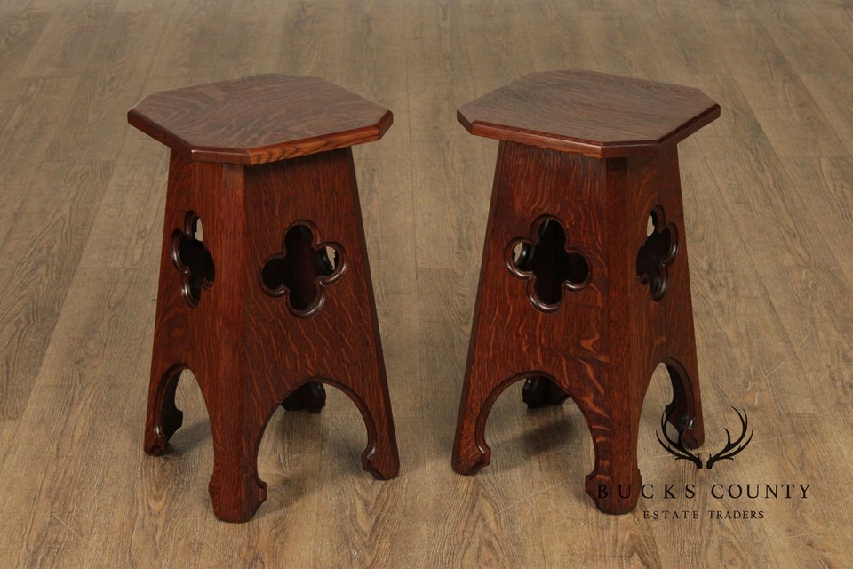 Arts and Crafts Antique Pair of Oak Cut-Out Taboret Side Tables | eBay