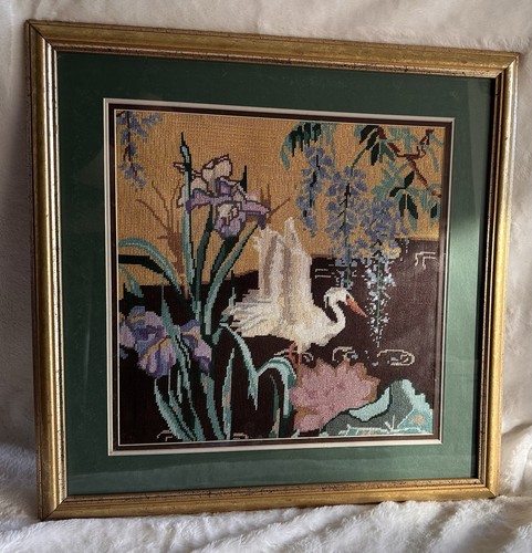 Vtg Needlepoint Art Nouveau Wall Art Matted/Gold Frame Tapestry Bird 12 ...