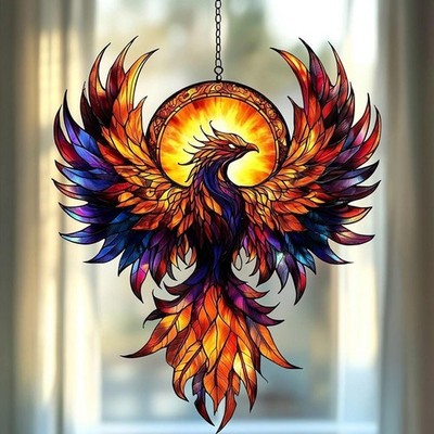 Phoenix Faux Flame Stained Glass Acrylic Suncatcher - Fiery Round ...