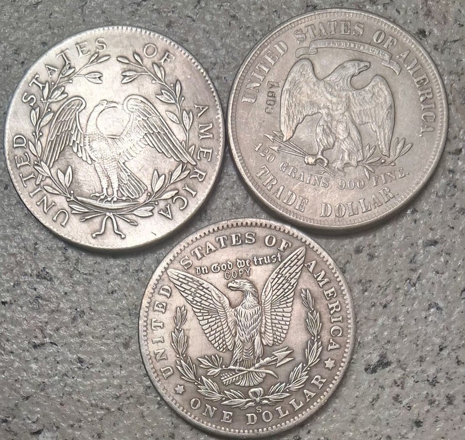 3 Types 1794 Flowing Hair 1877 Trade Dollar 1879 Morgan Silver Dollar ...