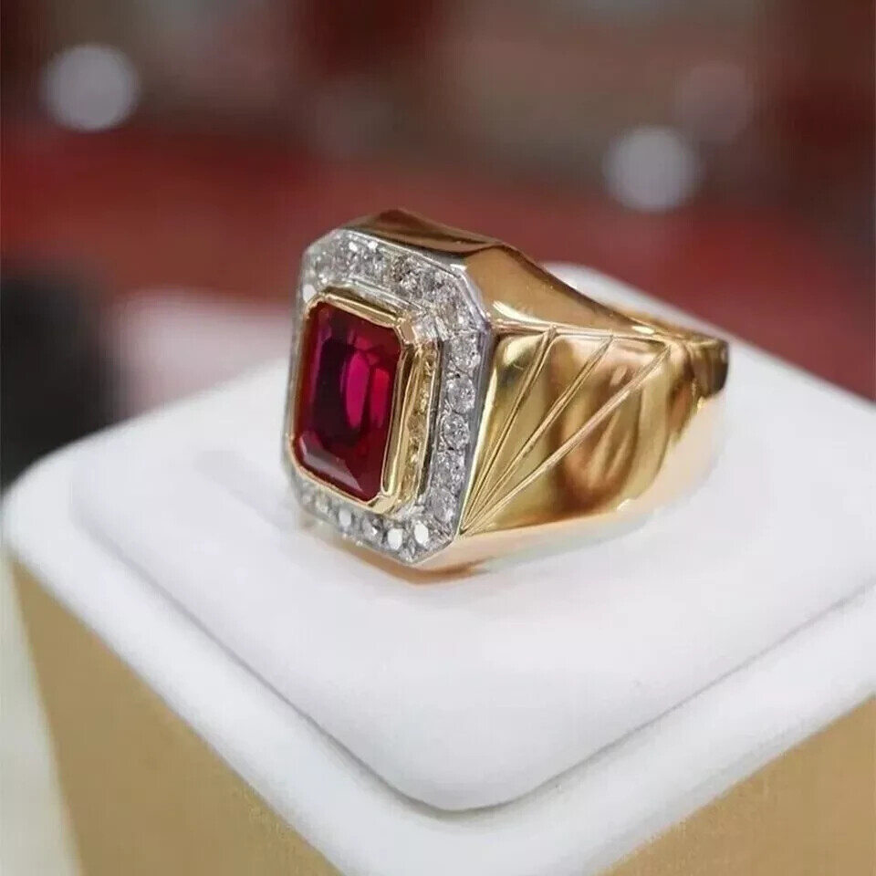 3.00Ct Emerald Cut Lab-Created Ruby Men's Engagement Ring 14K Yellow ...