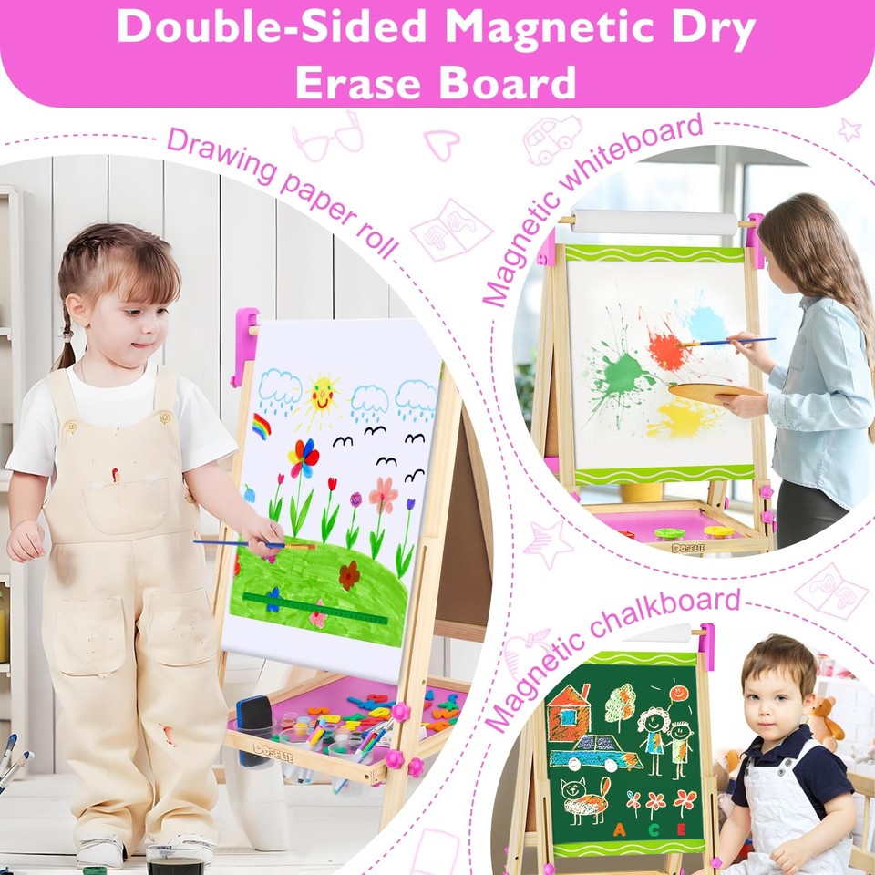 Easel for Kids,Adjustable Wooden Kids Art Easel with Paper Roll,Double ...